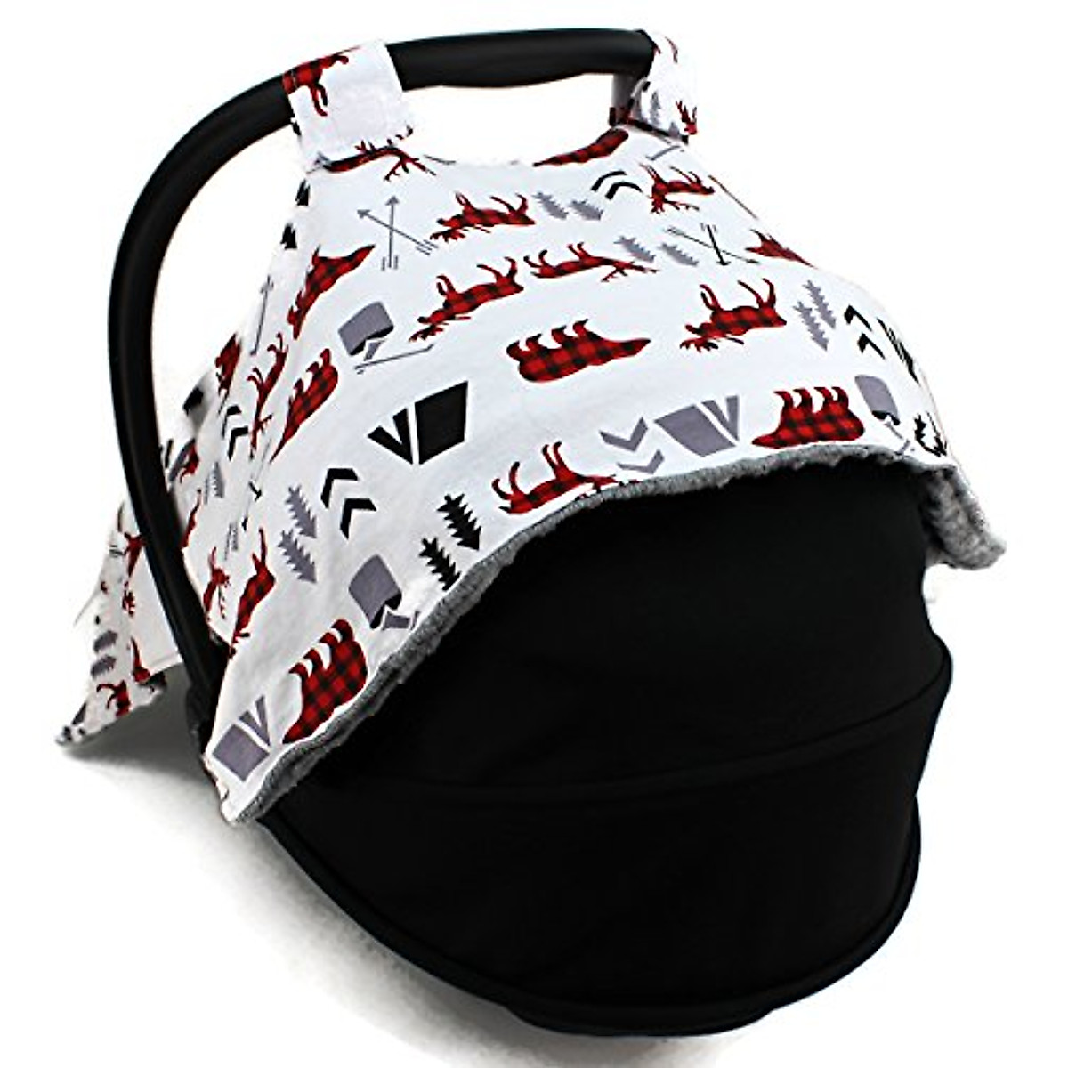 Dear Baby Gear Car Seat Canopy, Woodland Adventure Bear Moose Plaid, Minky Grey