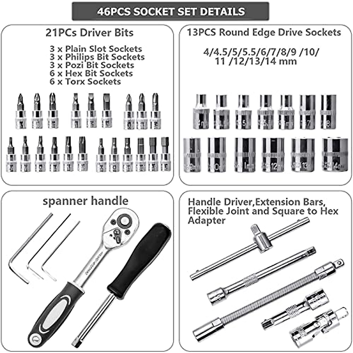 YUFANYA 46PCS 1/4 inch Drive Socket Set,Metric Ratchet Wrench Set with 4-14mm CR-V Sockets,S2 Bits,Extension Bars,Mechanic Tool Kits for Household Auto Repair