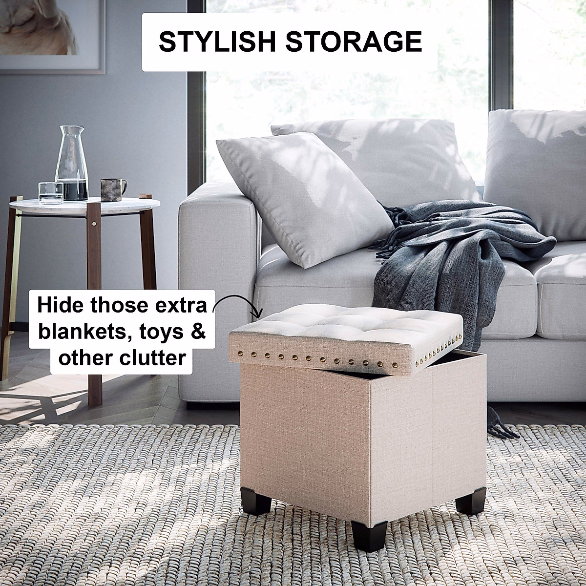 Nathan James 71103 Payton Foldable Storage Ottoman Footrest and Seat Cube, Beige