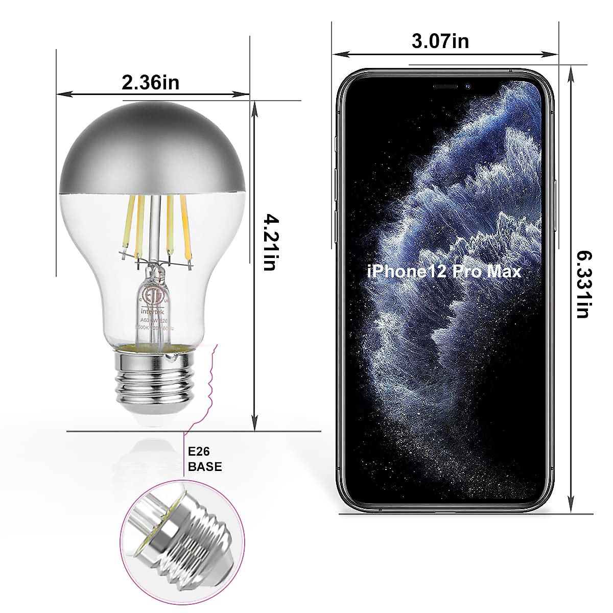 KarlunKoy Half Chrome LED Light Bulbs,Dimmable 6W (Equivalent 60Watt) Edison Bulbs,5500K Daylight White,A19 Dark Grey Dipped Anti-Glare LED Bulbs,Decorative Mirror Bulb,CRI 90+ E26 Base Pack of 5