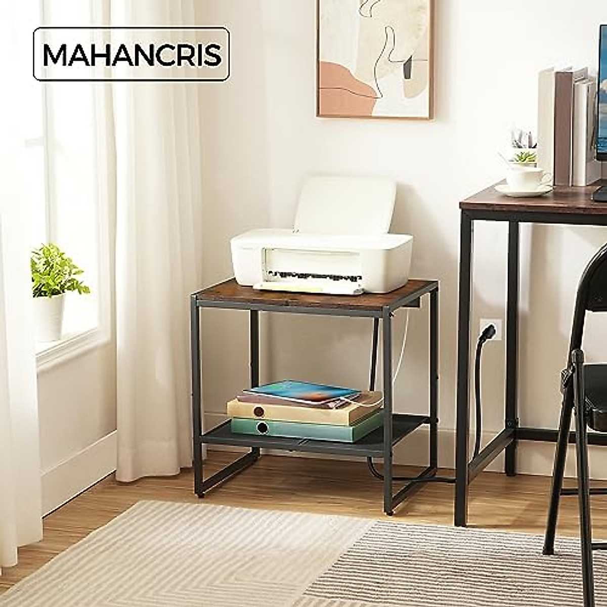 MAHANCRIS End Table with Charging Station, Square Side Table with Outlets and USB Ports, Square Modern Night Stand with 2-Tier Storage Shelf, Sofa Coffee Table, Fridge Stand, for Living Room ETHR54E01