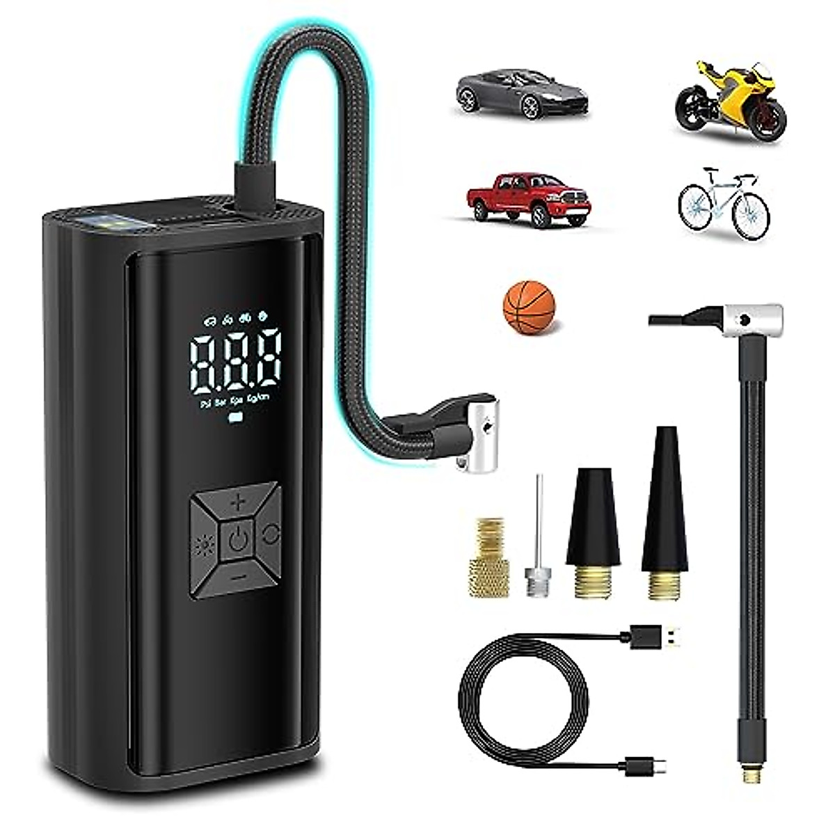 Salate Portable Air Compressor Tire Inflator, 150PSI Cordless 12V DC 2-Way Power Supply Air Pump 7800mAh Battery Capacity Tire Pump with 6”Screen Suitable for Cars Motorcycles E-Bikes