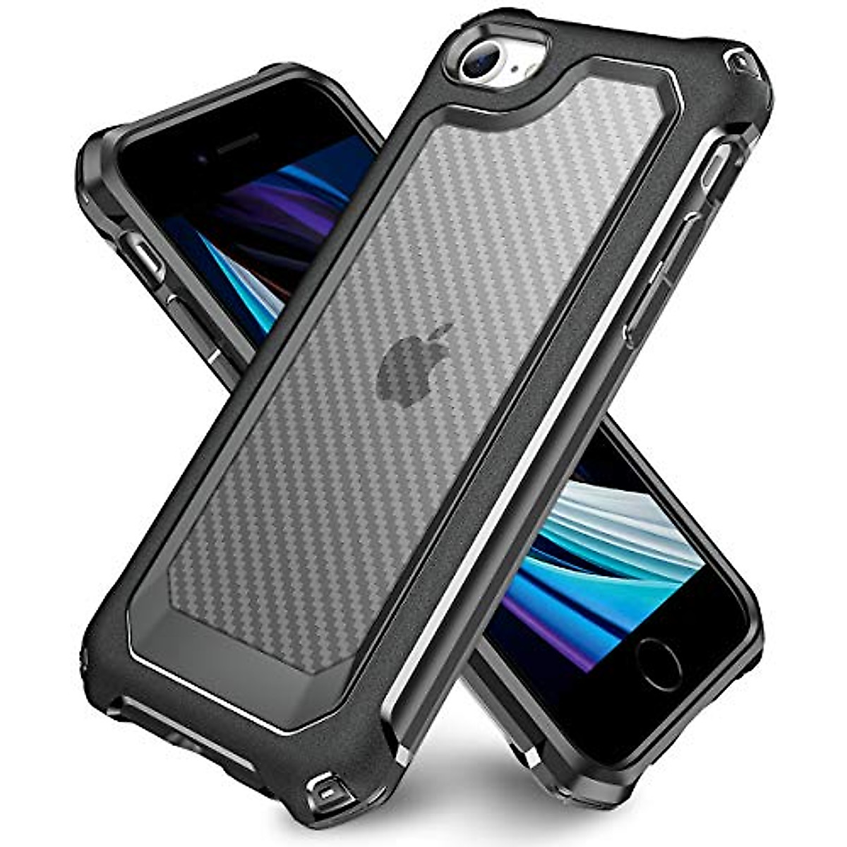 iPhone SE Case, iPhone 8 Case, iPhone 7 Case, SUPBEC Carbon Fiber Shockproof Protective Cover with Screen Protector x2 [Scratch Resistant] [Military Grade Protection], iPhone SE 2022 Case, 4.7", Black