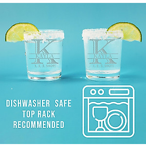 Personalized 2pk; set of two Engraved 2.5oz Shot Glass, Custom Etched Shot Glasses, Groomsmen, Customized Bridesmaid, Wedding Favors, Customized Birthday Gifts, Anniversary, Cute, Halpert Monogram