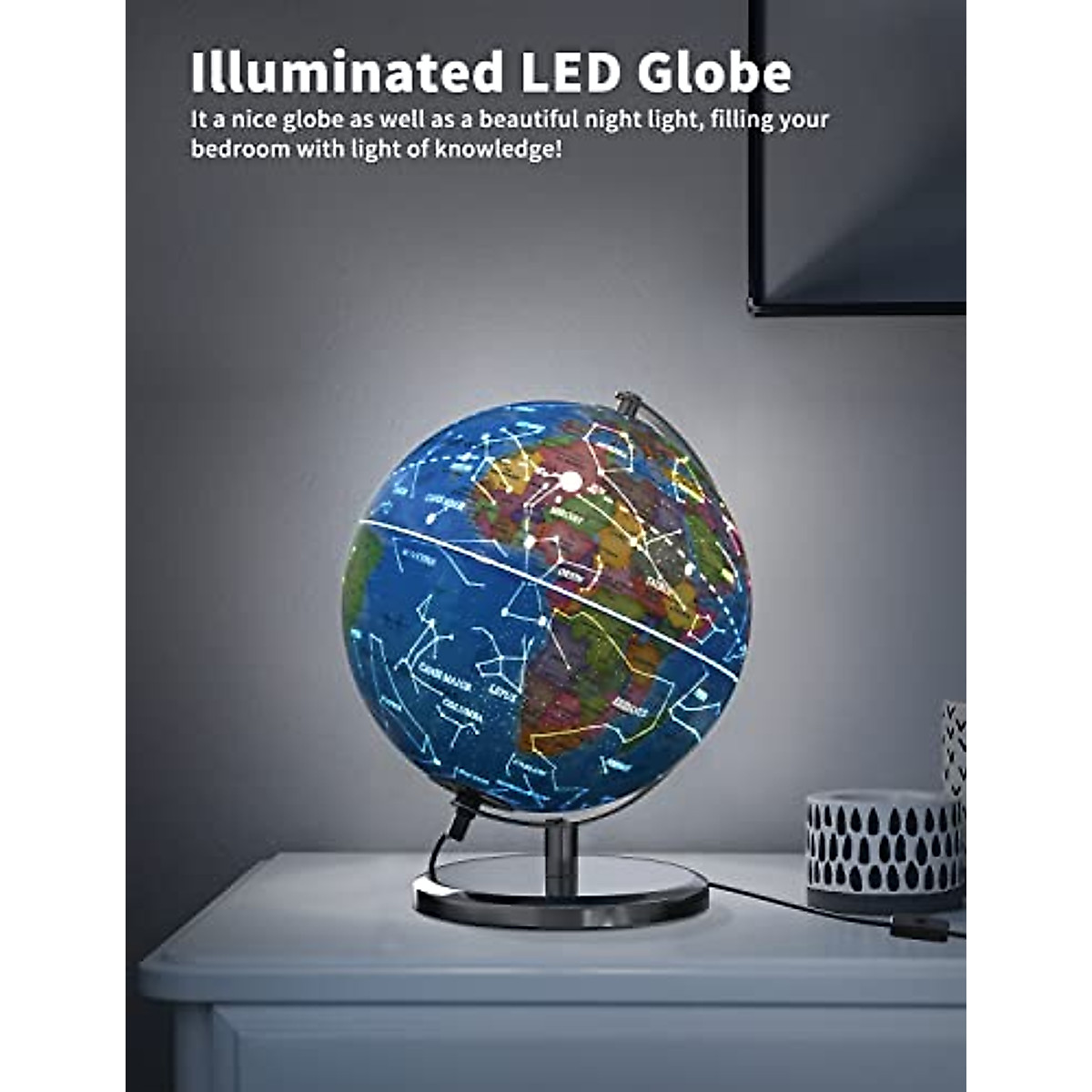 Waldauge Illuminated World Globe with Stand, 9" Earth Globes with Stable Heavy Metal Base for Kids Classroom Learning, LED Constellation Globe Night Light with HD Printed Map