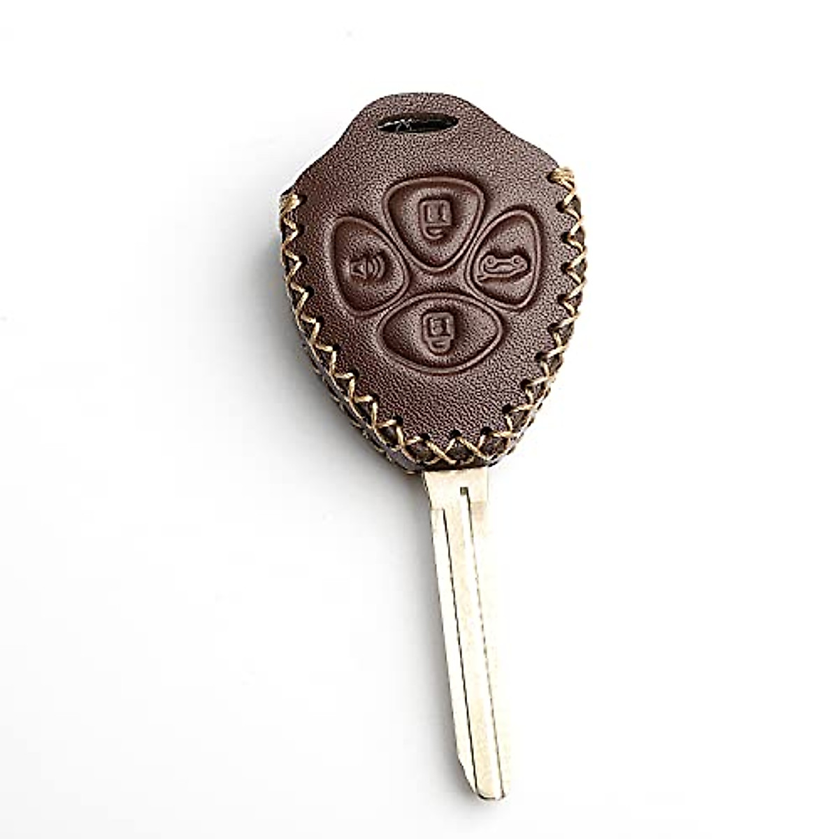 WFMJ Leather for Toyota Camry Land Cruiser Matrix Avalon Corolla Remote 4 Buttons Key Case Holder Cover Fob Chain (Brown)