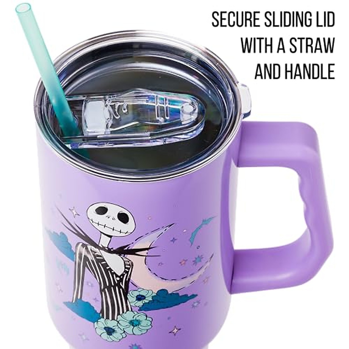 Silver Buffalo Disney Nightmare Before Christmas by Tim Burton Jack Skellington Stainless Steel Tumbler with Handle and Straw, Fits in Standard Cup Holder, 40 Ounces