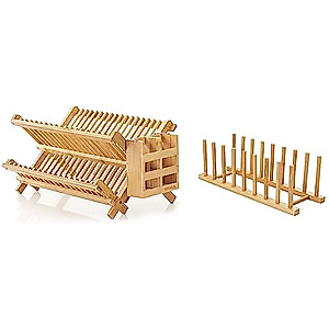HBlife Bamboo Folding 2-Tier Collapsible Drainer Dish Drying Rack with Utensils Flatware Holder and Dish Plate Bowl Cup Book Pot Lid Cutting Board Drying Rack Stand