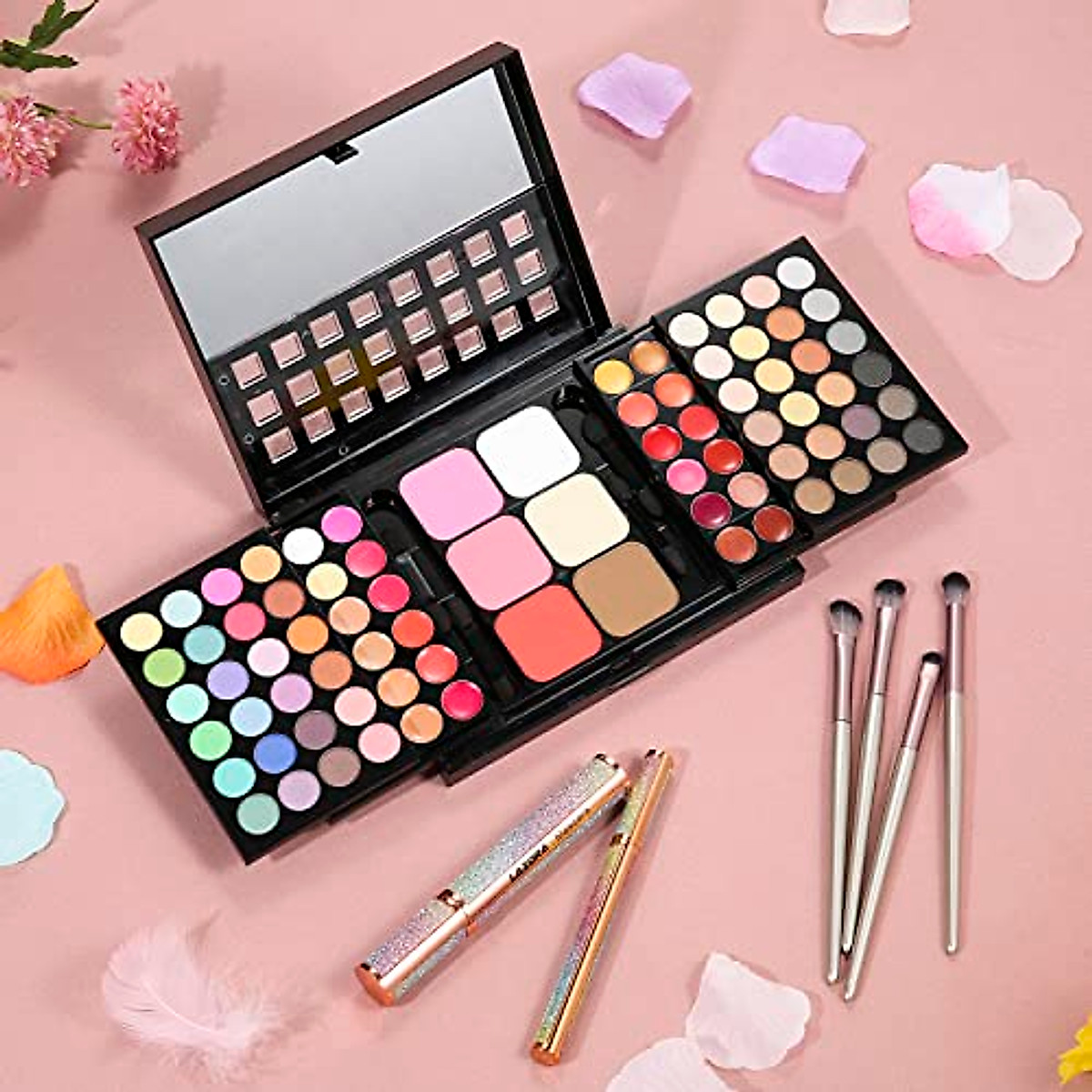 Full Makeup Gift Sets For Women - 78 Colors Makeup Palette Include Eyeshadow,Lipstick,Blush,Contour,Concealer, Mascara, Eyebrow Powder, Eyeliner Pencil, Mirror + 4Pcs Metallic Makeup Brushes