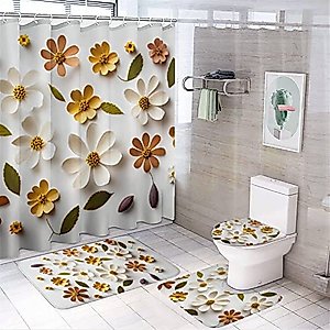 YSINOBEAR Spring Color Floral Shower Curtain Sets with Non-Slip Rug,Toilet Lid Cover and Bath Mat,Yellow and White Flowers Shower Curtain Sets with 12 Hooks,Durable Waterproof Shower Curtain.