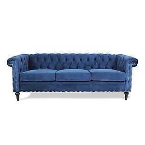 KUVENQIW Modern Chesterfield Sofa Fabric Couch.Button Tufted Nailhead upholstered Three-Seater Sofa for Living Room, Bedroom, Office Lounge.Comfortable and Durable.(Blue)