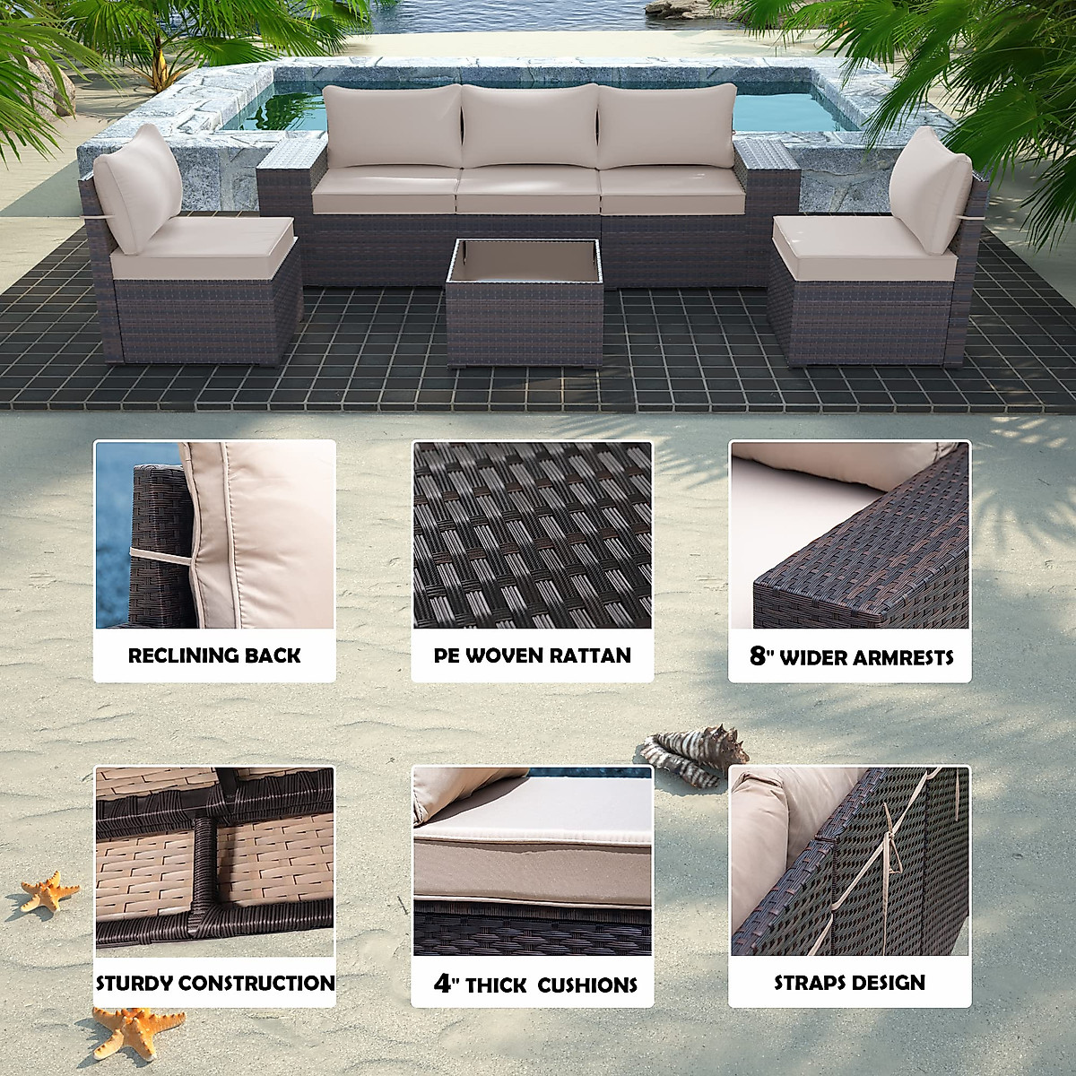 Gotland 6-Piece Patio Furniture Set, All-Weather PE Rattan Outdoor Sectional with Replaceable Khaki Waterproof Cushions and Coffee Table
