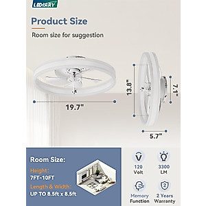 LEDIARY Low Profile Ceiling Fans with Lights, Flush Mount Modern Ceiling Fan and Remote Control, 19.7" LED Bladeless Ceiling Fans, Stepless Dimmable 3 Colors and 6 Speeds - White