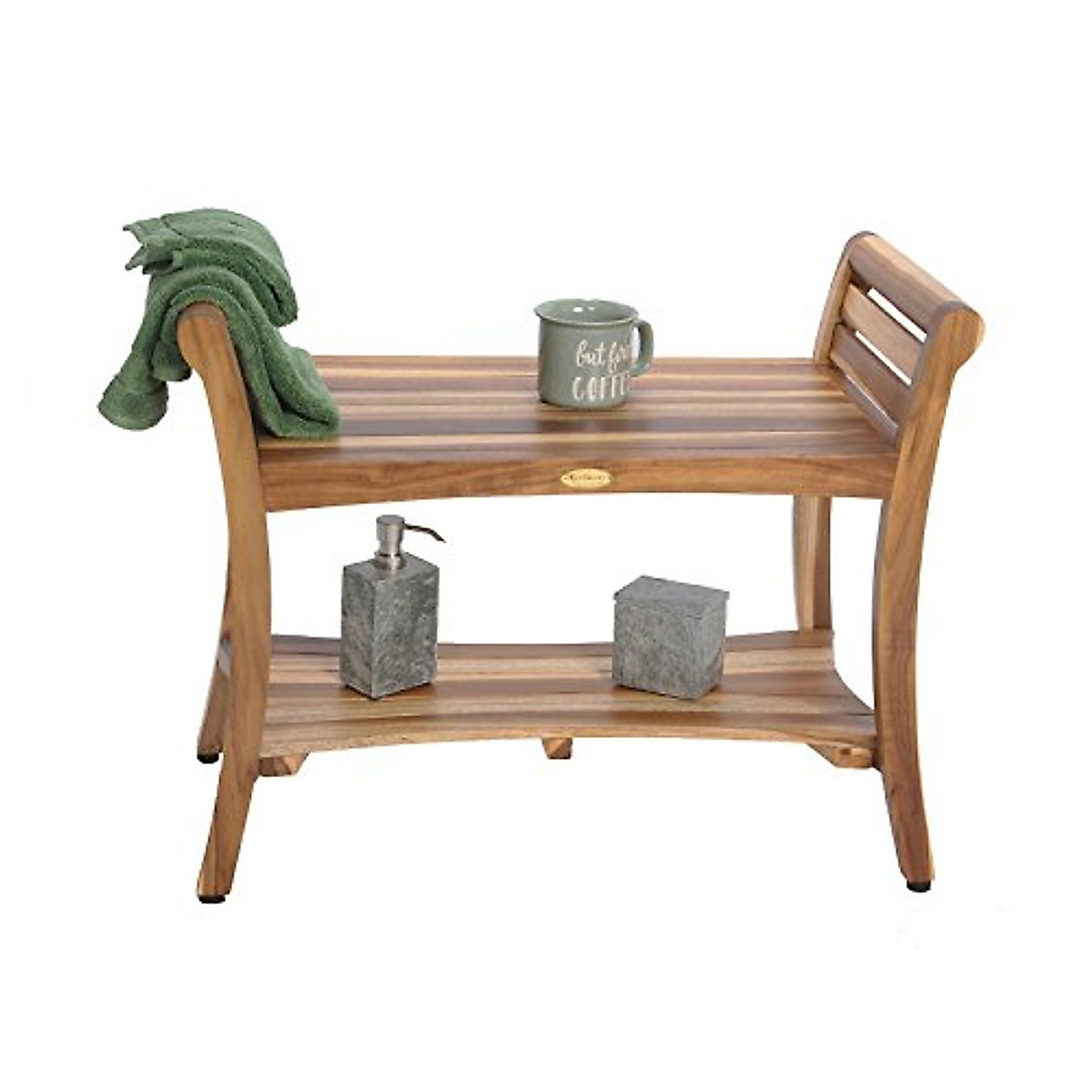 EcoDecors Symmetry Shower Bench Natural Teak Wood Shower Bench with Shelf and LiftAide Arms 30" Long Wood Shower Stool in EarthyTeak Finish for Indoors and Outdoors