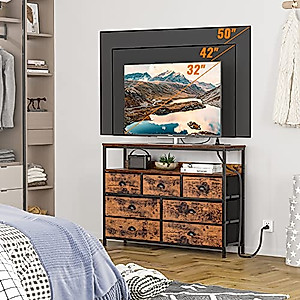 Furologee TV Stand with Power Outlets, Console Sofa Table with 7 Fabric Drawers and Shelves, Entertainment TV Media Center for 45" TV, Wide Storage Drawer Unit for Bedroom, Living Room