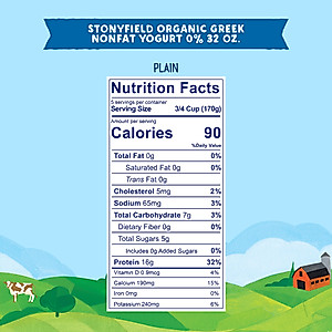 Stonyfield Organic Greek Nonfat Yogurt, Plain, 32 oz. – High in Protein (16g), 0% Fat; Multiserving Yogurt Snack & Cooking Substitute