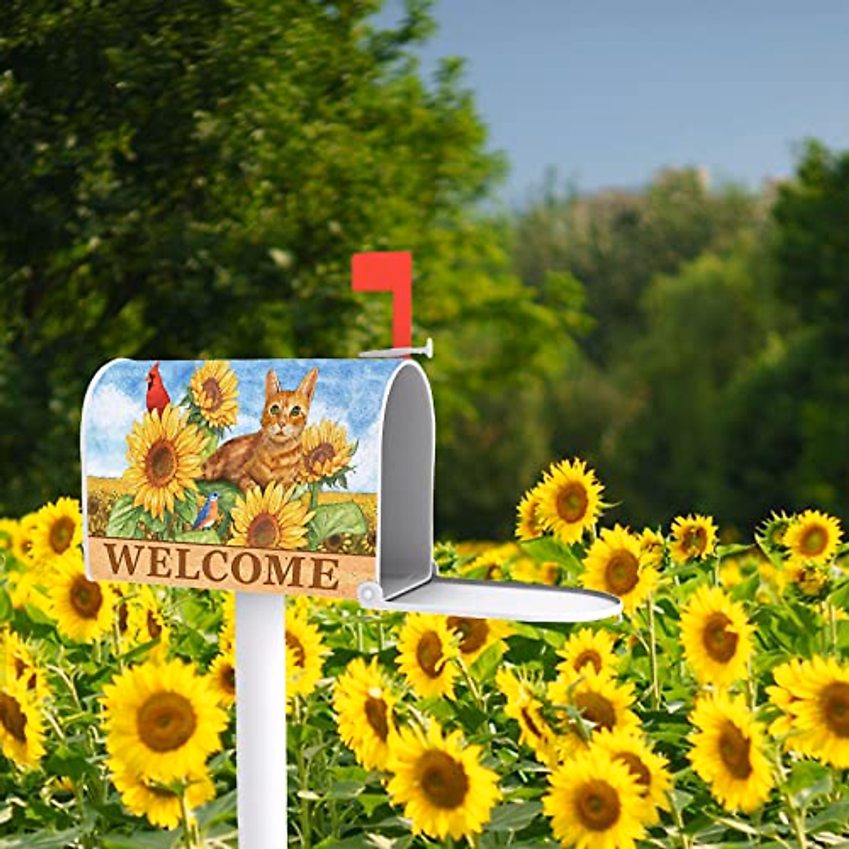FBCOO Welcome Spring Summer Sunflower Cat Cardinal Mailbox Cover Magnetic Standard Size 21" x 19", Fall Autumn Kitty Tabby Flowers Decorative Post Letter Box Wrap Decor Red Bird Garden Yard Decoration
