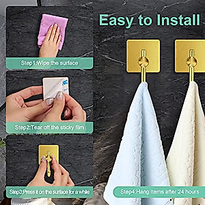 Quavzotu Adhesive Hooks Heavy Duty, Stick on Adhesive Wall Hooks, Waterproof Stainless Steel Adhesive Hangers for Kitchen Bathroom Home Door Bedroom Living-Room Towel Coat Key Robe Hat Cooker 4Pack