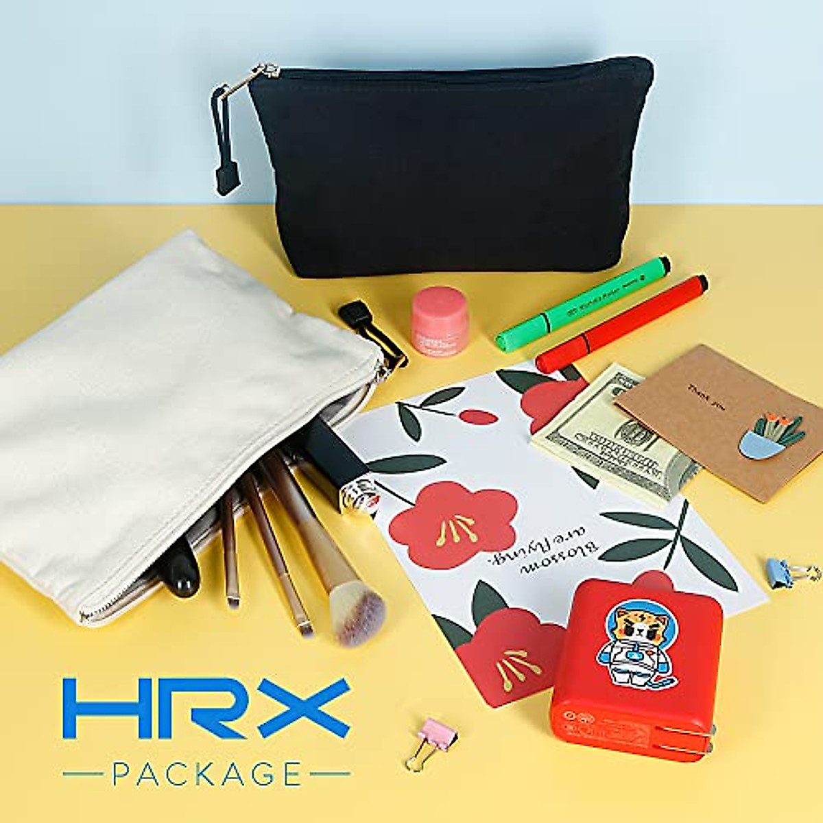 HRX Package Canvas Makeup Bag, 2pcs Cosmetic Zipper Pouches Travel Organizer Case for Brush Purse Diaper Bag Tote Bag