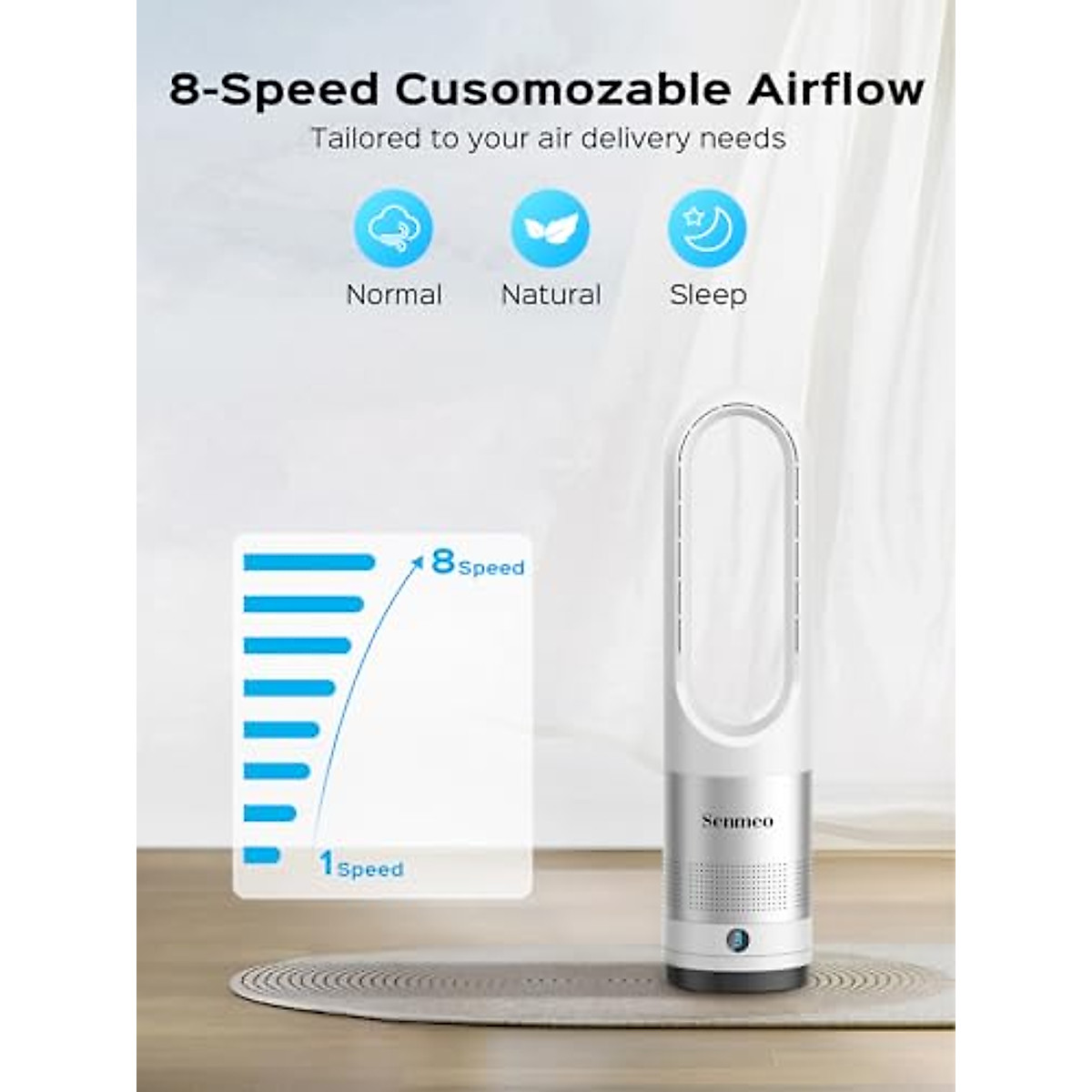 Senmeo Bladeless Fan for Bedroom, 22" Quiet Bladeless Tower Fan with Remote, 90° Oscillating, 8 Speeds, 9 Hour Timer, LED Display with Auto Off, Easy to Clean, Portable Standing Fan for Home, Office