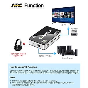 Kinivo HDMI Switch with Audio Extractor 360BNT (3 in one out, Toslink Optical Audio Port, SPDIF, 4K 60Hz, High Speed 18Gbps, IR Remote) - Compatible with Roku, PS5, Xbox, Apple TV, Dolby Digital/Atmos
