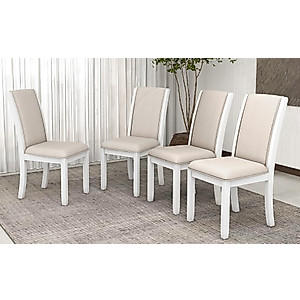 Tiophome Set of 4, Full Back Set with Upholstered, Farmhouse Dining Chairs with Solid Wood Frame and Legs,White+Cushion Beige