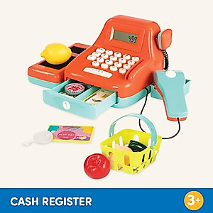 Battat - Interactive Kids Cash Register with Scanner & Sounds - 26-Piece Pretend Play Shopping Set with Light-Up Scanner, Play Money & Card - Educational Toy for Learning & Fun - Ages 3+