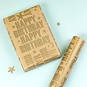 RUSPEPA Kraft Wrapping Paper Roll - Gold Happy Birthday Pattern Great for Birthday, Party, Baby Shower - 17.5 Inches X 32.8 Feet