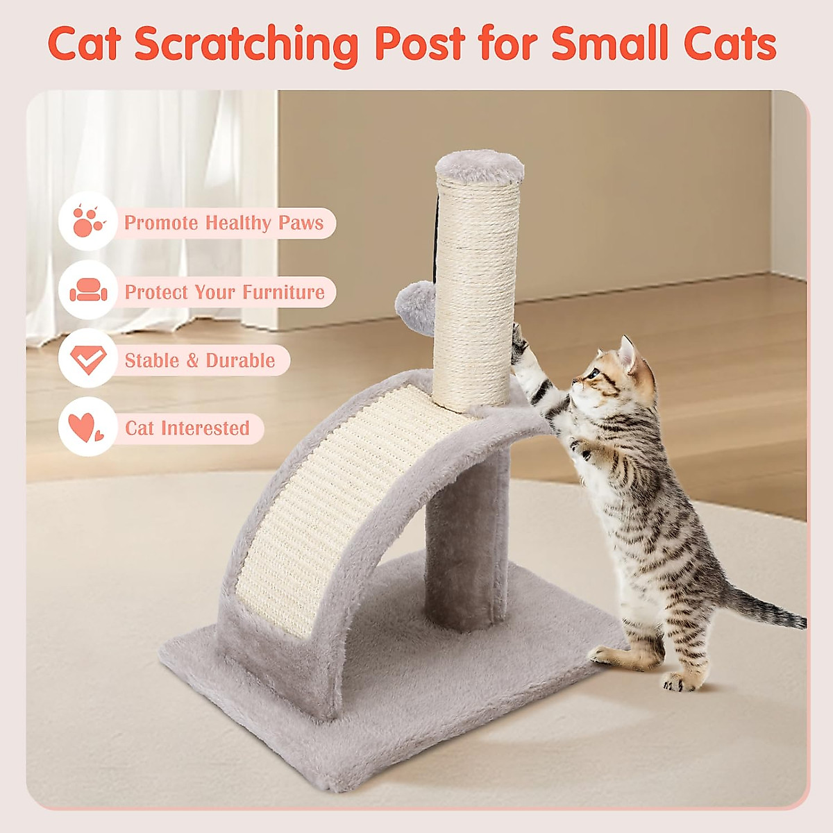 Nobleza Cat Scratching Post for Indoor Cats, Durable Natural Sisal Rope Cat Scratch Post with Cat Self Groomer, Sturdy Cat Scratcher Post for Kittens Small Cats with Funny Hanging Ball, Light Grey