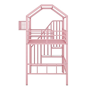 Twin Size House Loft Bed with Stairs and Storage, Heavy-Duty Metal Princess Loft Bed Frame with Storage Box and Safety Rail for Girls Kids Teens, Pink