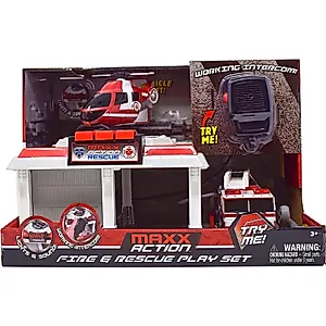 Fire and Rescue Garage Lights and Sounds Toy Set for Kids | Working Intercom with Open and Close Parking Garage and Vehicle Lift | Playset Includes Helicopter and Fire Truck with Friction Motor