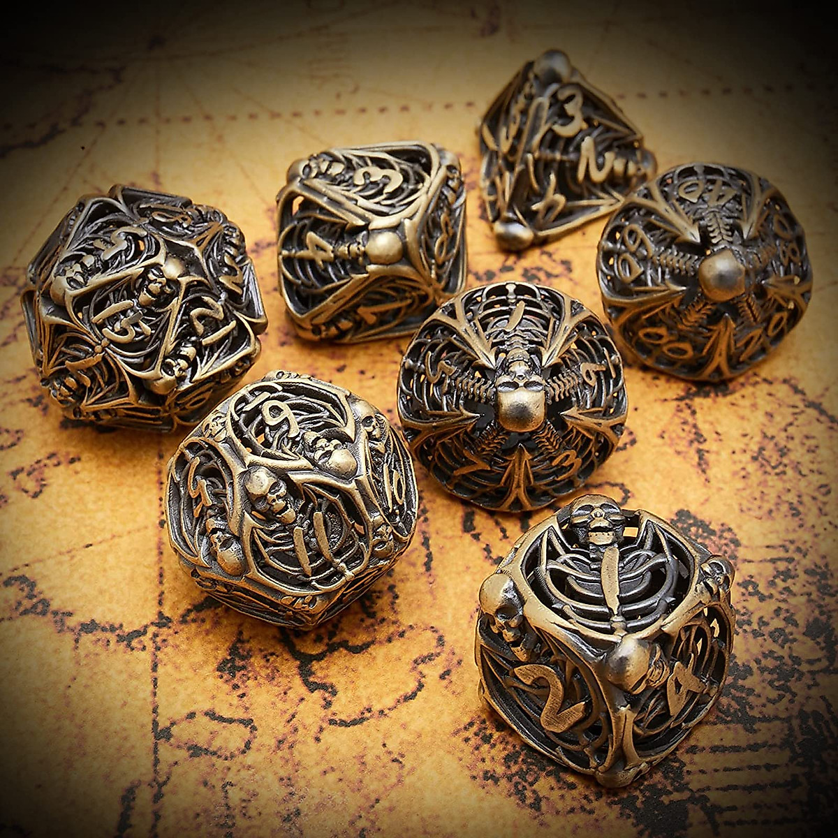 DND Dice Set Polyhedron Dice Skull Hollow Metal Dice for Dungeons and Dragons Role Playing Games PCCECQEE Dice 7PCS D&D Set Collection Gifts (Bronze-02)