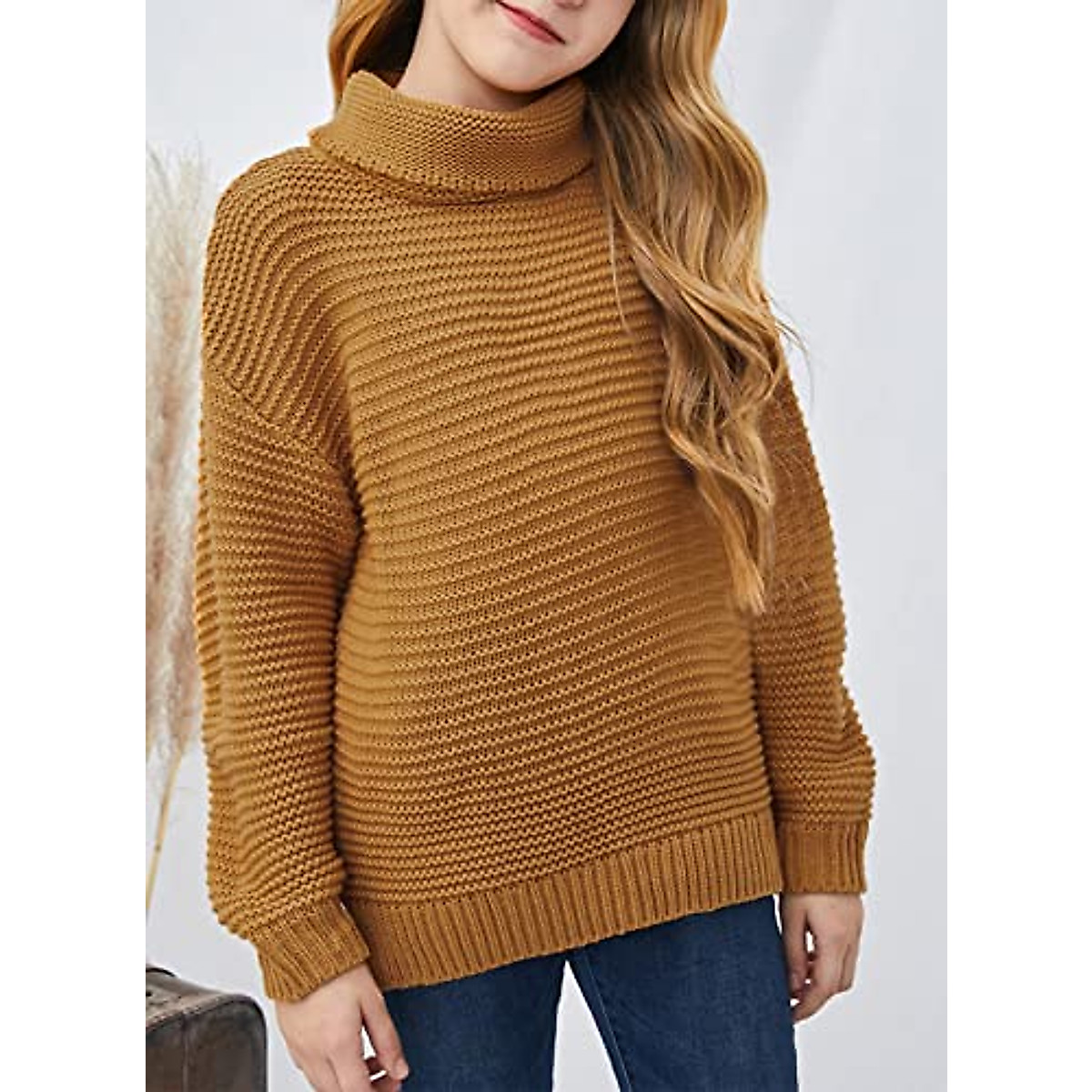 Dokotoo Girls Winter Warm Cute Turtleneck Long Sleeve Sweaters Comfy Chunky Knit Solid Color Pullover Kids Sweater Tops 2024 Fashion Khaki 8-9 Years