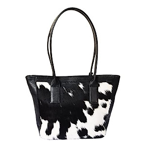 Exotic Cowhide Tote Bag Hair on black white Cowhide Women Purse Shoulder Bag (Brown)