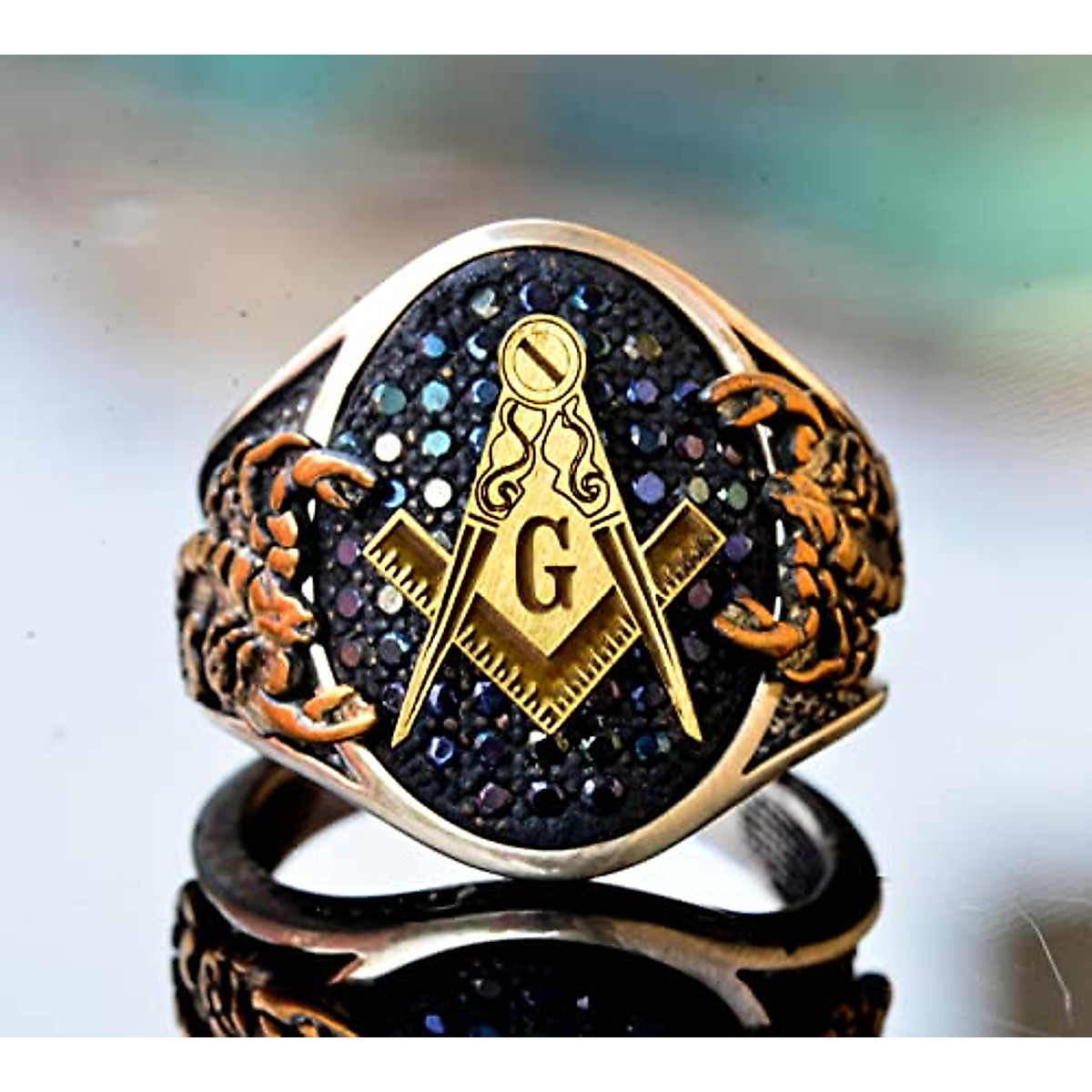 Handcrafted 925 Sterling Silver Men's Freemason Scorpion Ring with Black Agate Gemstone, Masonic Gold Plated King Signet Design, Unique Sterling Silver Ring