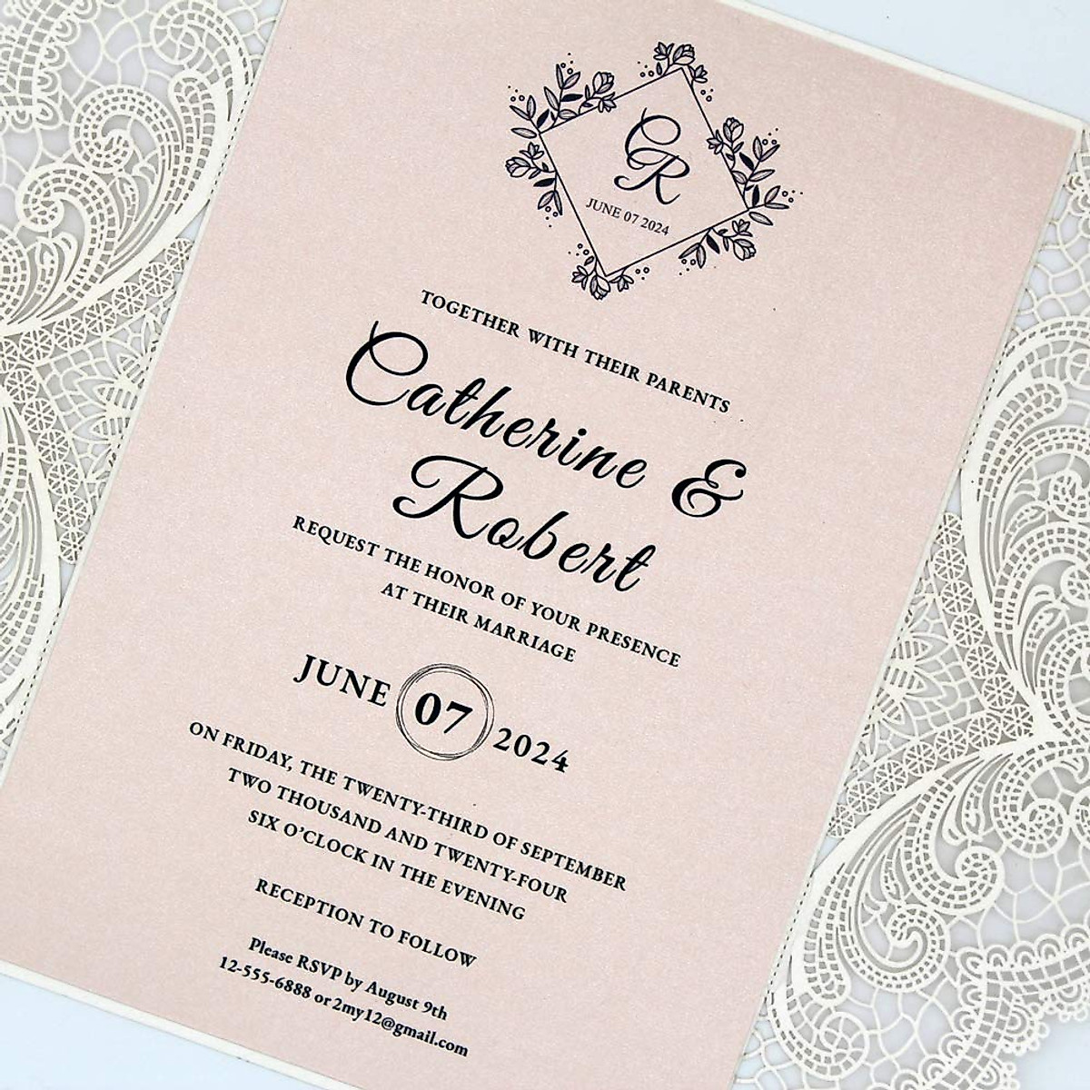 Picky Bride 25-Pack White Lace Laser Cut Wedding Invitations with Blush Pink Shimmer Insert, Elegant Invite Cards for Wedding/Sweet Sixteen/Baby Shower/Bridal Shower/Birthday Party