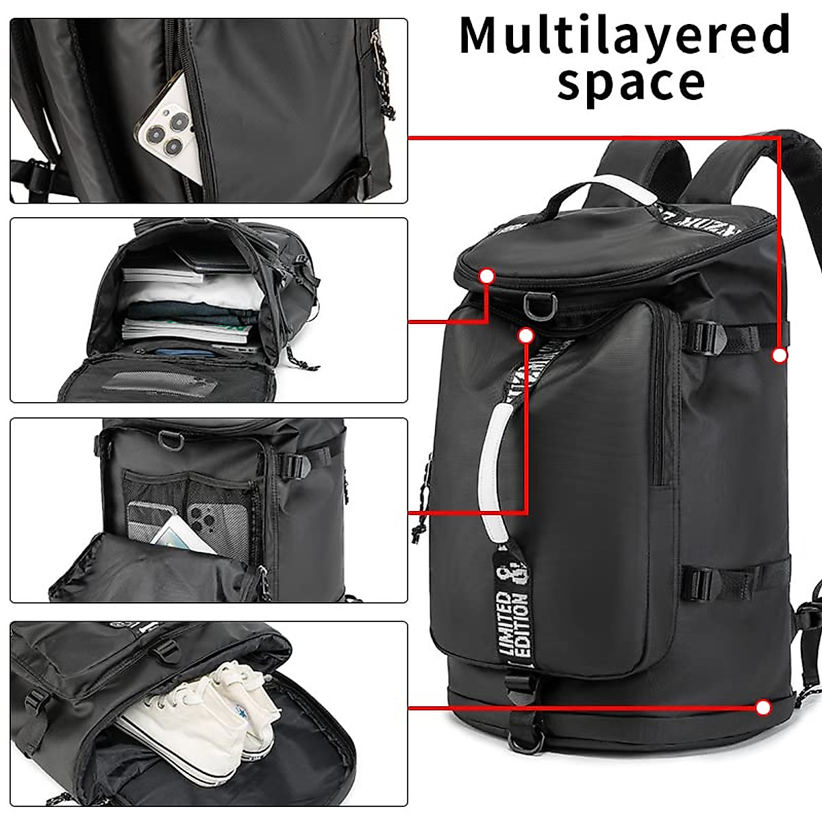 FUNYAGO Gym Duffle Bag Waterproof black Laptop Backpack Suitable for Hiking, Fishing, Travel 40L Large Capacity Trendy Cool Lightweight Backpack for Men and Women (Black)…