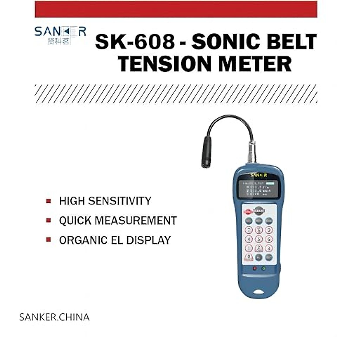 Sanker Sonic Belt Tension Meter SK-608 Suited for Multi-Ribbed V- and synchronous Belts Shorter Measurement time ≤ 0.2S Measuring Accuracy +/-1% Frequency Range 10-5000Hz U550 Same Function
