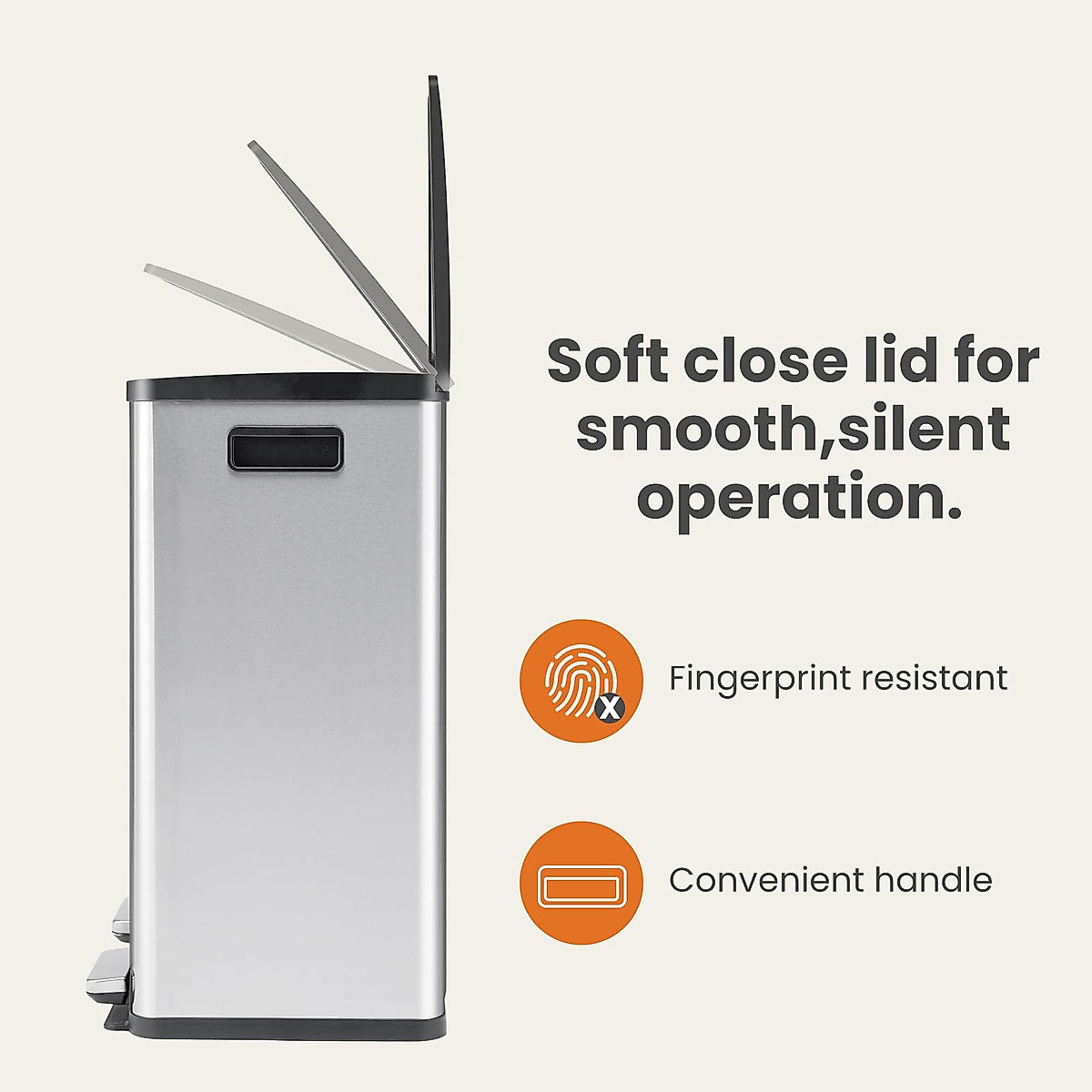 Sweetcrispy Kitchen Trash Can with Lid, 2 x 8 Gallon Garbage Can, with Soft-Close Foot Pedal and Removable Inner Bucket, 60 Liter Large Stainless Waste Bin for Bathroom Bedroom Home Office