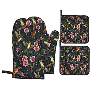 Hummingbird Flower Oven Mitts and Pot Holders Cute Heat Resistant Kitchen Set Microwave Golves and Hot Pads for Safe Cooking Baking Grilling BBQ