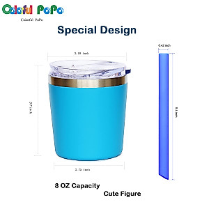 Colorful PoPo Cute Stainless Steel kids Cup with Lids, Silicone Straw Cup for Toddlers, Mini Insulated Stackable Tumblers for Smoothie Milk, Set of 2 (Pink Purple, 8 OZ)