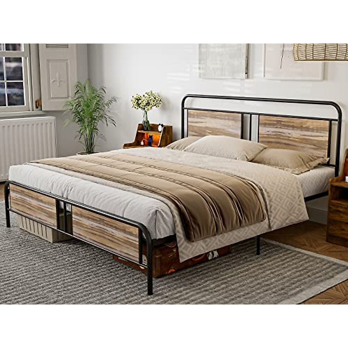 IKIFLY California King Bed Frames, Metal Cal King Platform Bed Frame with Wood Headboard/Footboard, Strong Steel Slats Support, Easy Assembly, No Box Spring Needed - Wood Brown