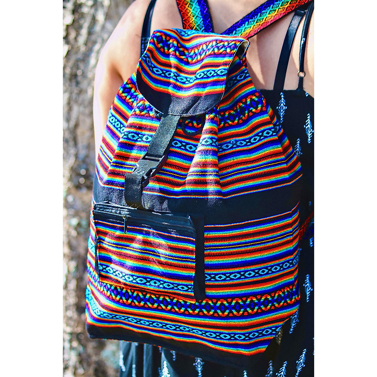 Mia Jewel Shop Large Rainbow Multicolored Peruvian Tribal Print Pattern Lightweight Drawstring Backpack Handmade Beach Bag Boho Accessories (Black Stripes)