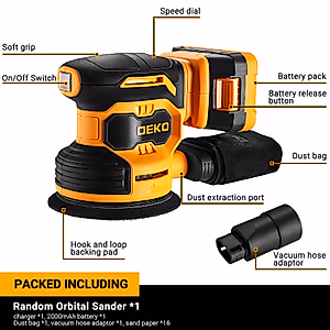DEKOPRO 20V Orbital Sander Cordless Power Sander Tool with Battery and Charger Electric Hand Sanders Tools for Wood, Dust Bag, Vacuum Blower Attachment