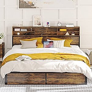 LIKIMIO King Size Bed Frame with Boocase Headboard and Charging Station, Sturdy and No Noise Platform Bed, No Box Spring Needed, Easy Assembly, Vintage Brown