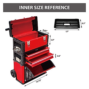 BIG RED Stackable Portable Metal Tool Box Organizer with Wheels and 2 Drawers, Rolling Upright Trolley Tool Chest for Garage or Workshop,Red,ATRJF-C305ABDR
