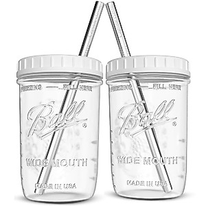 Reusable Wide Mouth Smoothie Cups Boba Tea Bubble with Lids and Silver Straws Mason Jars Glass (2-pack, 16 oz mason jars)