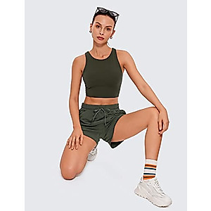 CRZ YOGA Butterluxe Womens Racerback High Neck Longline Sports Bra - Padded Workout Crop Tank Tops with Built in Shelf Bra Olive Green Medium