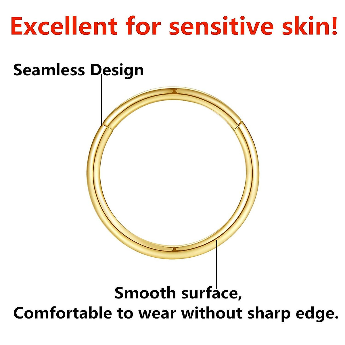 FOLLOWMOON 8mm Septum Ring Gold Nose Rings Hoop 18 Gauge Nose Hoop Helix Daith Tragus Earrings Hinged Segment Septum Clicker Lip Rings 18g Cartilage Earring Nose Piercing Jewelry Surgical Steel