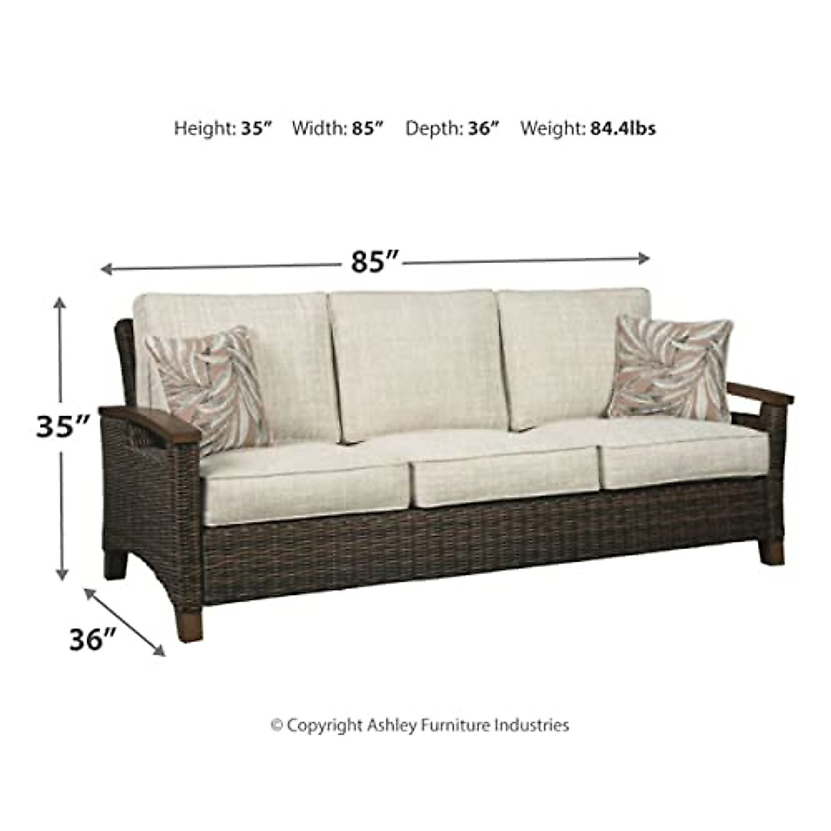 Signature Design by Ashley Paradise Trail Outdoor Patio Sofa with Cushion and 2 Pillows, Brown & Beige